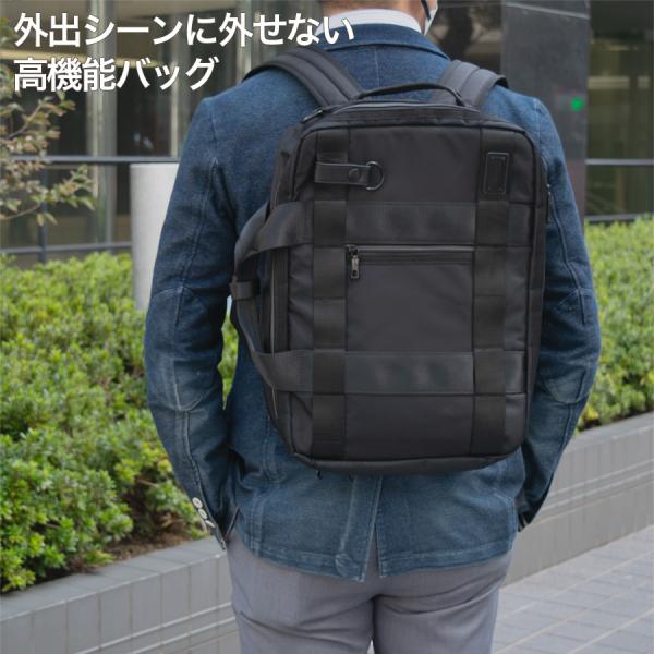 外出シーンに外せない高機能な3wayバック素材：ナイロン・合皮使用金具等：ファスナー仕様外部前面ポケット×１外部背面ポケット×１内部ファスナーポケット×２内部PC・タブレット用ポケット×１（クッション材搭載）内部ホックポケット×１キャリーバ...