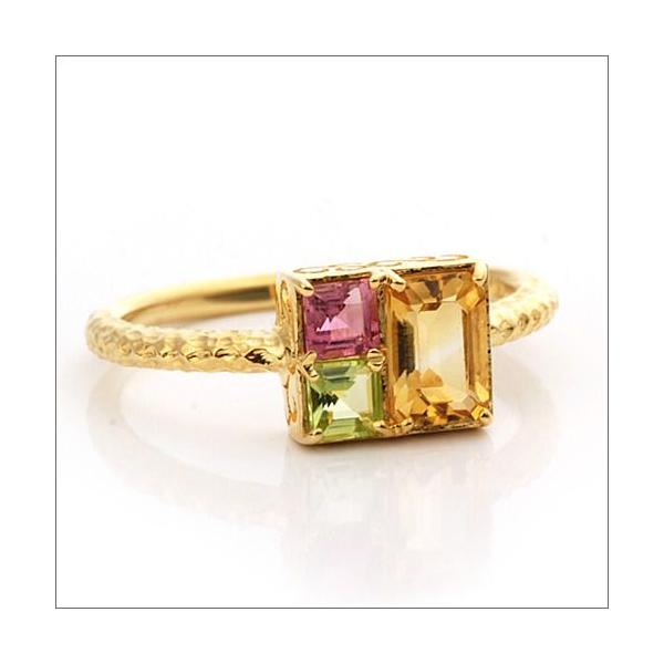 [本体仕様]K18イエローゴールド(サンブル本体)シトリン オクタゴン(約)6×4mm×1ベリドット スクエア(約)3mm×1ビンクトルマリン スクエア(約)3mm×1[サイズ]内徑(約)16.1mm幅(約):1.5-6.8mm厚(約):1...