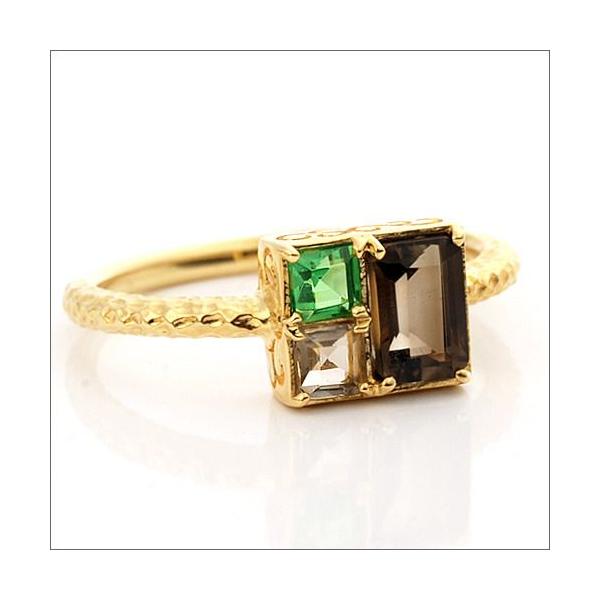 [本体仕様]K18イエローゴールド(サンブル本体)濃いスモーキークォーツ オクタゴン(約)6×4mm×1薄いスモーキークォーツ スクエア(約)3mm×1グリーンガーネット スクエア(約)3mm×1[サイズ]内徑(約)16.1mm幅(約):1...