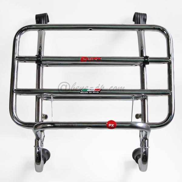 FACO　フロントキャリア　メッキVespa P/PX, LML等Vespa全般（MT車）に使用できます。Vespa 50S/100/ET3等スモールボディにも可※AT車は不可写真には写っておりませんが、ボディへの取り付け金具は、別途付属し...