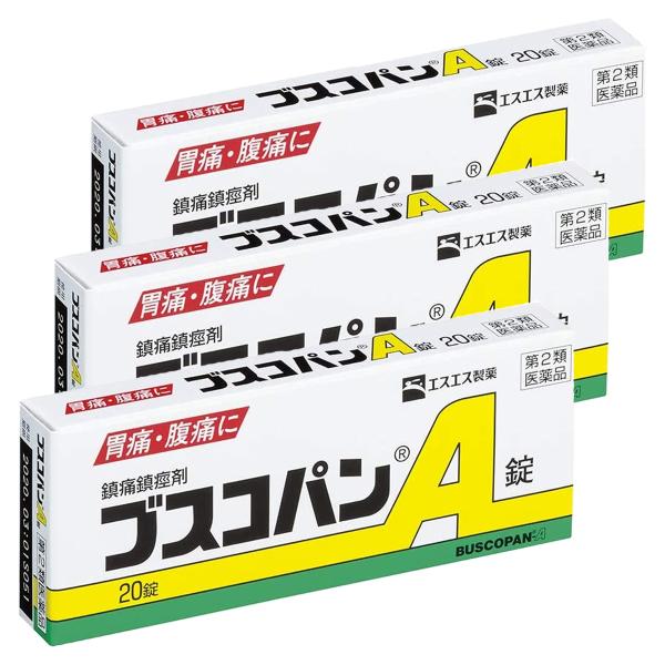 特徴： ●胃痛・腹痛・さしこみなどの痛みは、胃腸の過度の緊張やけいれんによっておこります。 ●ブスコパンA錠は、胃腸の異常な緊張を和らげ、胃痛・腹痛・さしこみなどの痛みにすぐれた効果をあらわします。  効能・効果：胃痛、腹痛、さしこみ(疝痛...