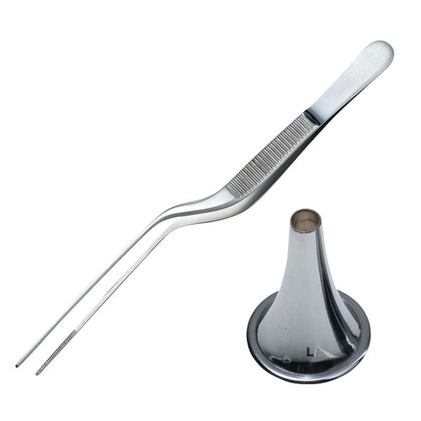 サイズ ルーツェピンセット(耳用)・・・(全長)140mm 耳鏡(朝顔) 【L】・・・　5×23×35mm 【M】・・・　4×23×35mm 【S】・・・　3×23×35mm  材質 耳用ピンセット・・・ステンレス 耳鏡(朝顔)・・・　真鍍...