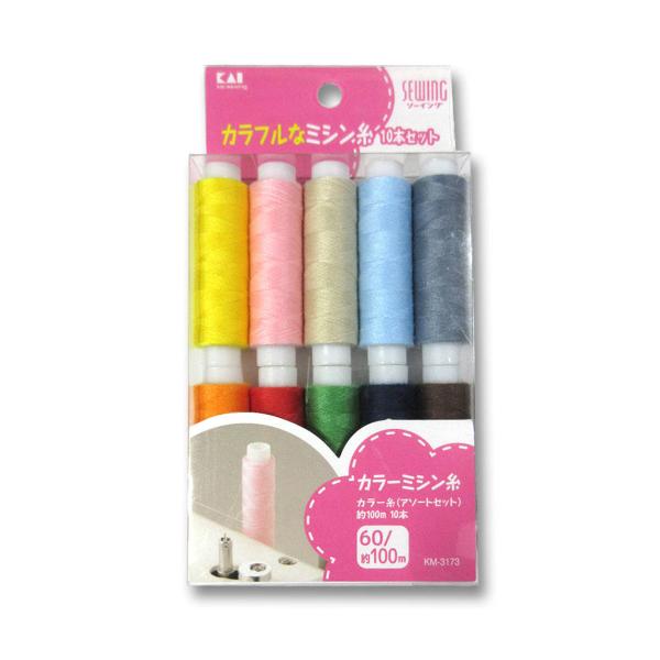 特徴： ●縫い上がりが美しく、ソフトで縫いやすい丈夫なミシン糸です。毛、ポリエステル、綿、ナイロンなどほとんどの布地にお使いいただけます。  サイズ：100m×10個  原材料：ポリエステル