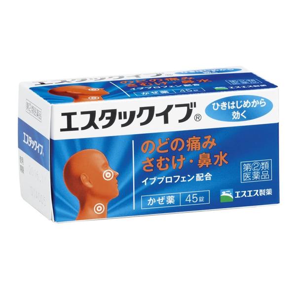 特徴エスタックイブは、熱・痛みによく効くとともに、気道粘膜の炎症症状を抑えるイブプロフェンを配合した総合かぜ薬。　熱、のどの痛みをはじめ、かぜの諸症状によく効きます。効果・効能かぜの諸症状（のどの痛み、発熱、悪寒、頭痛、鼻水、鼻づまり、くし...
