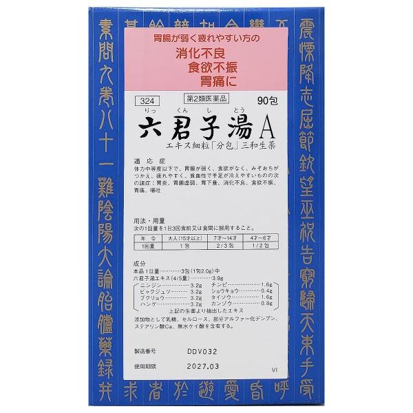 商品特徴胃腸が弱く疲れやすい方の消化不良、食欲不振、胃痛に適応症体力中等度以下で、胃腸が弱く、食欲がなく、みぞおちがつかえ、疲れやすく、貧血性で手足が冷えやすいものの次の諸症：胃炎、胃腸虚弱、胃下垂、消化不良、食欲不振、胃痛、嘔吐