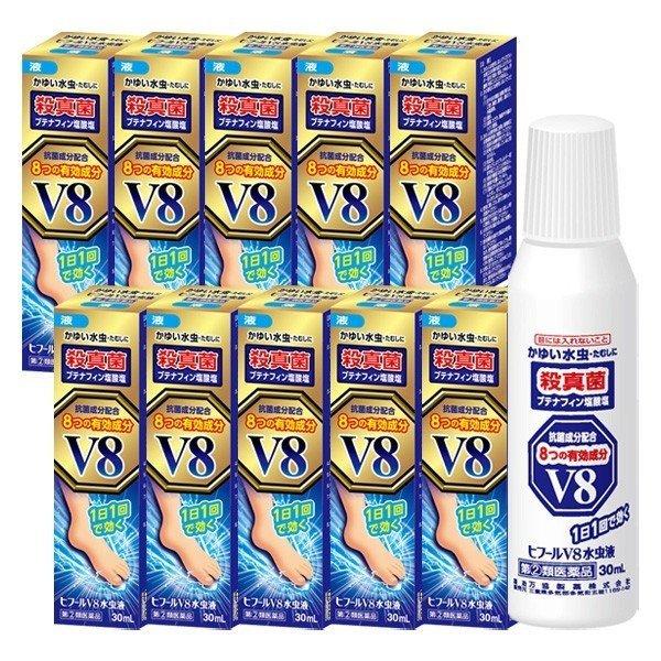 ■販売名：ヒフールV8液（みずむし・たむし用薬） ■効果・効能：みずむし、いんきんたむし、ぜにたむし ■用法・用量：1日数回、適量を患部に塗布してください。 ※使用上の注意をよくお読みください。 ■成分・分量 （100ml中） ブテナフィン...