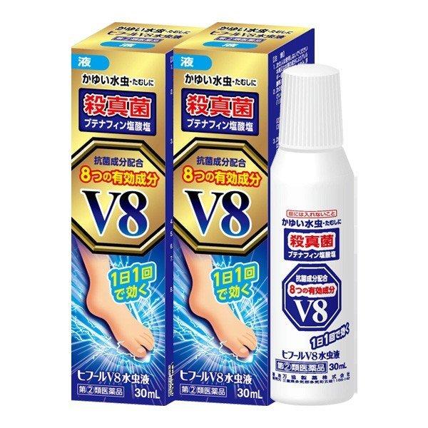 ■販売名：ヒフールV8液（みずむし・たむし用薬） ■効果・効能：みずむし、いんきんたむし、ぜにたむし ■用法・用量：1日数回、適量を患部に塗布してください。 ※使用上の注意をよくお読みください。 ■成分・分量 （100ml中） ブテナフィン...