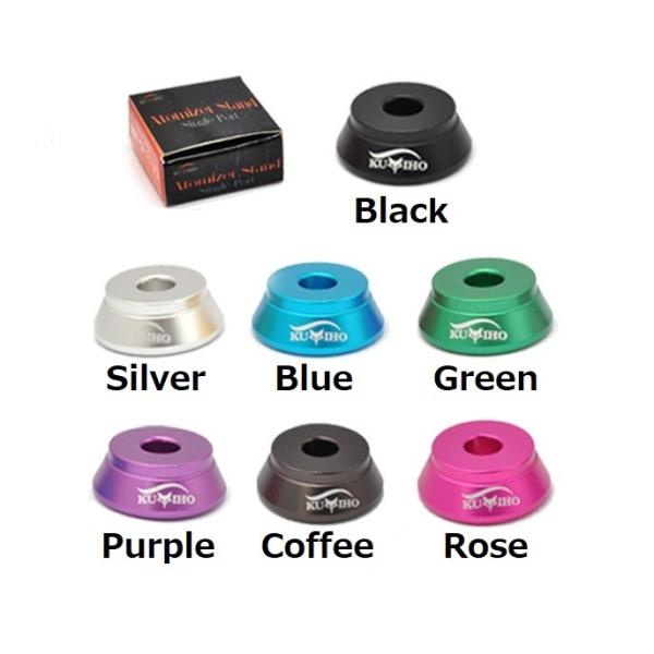 510ピンが入る穴の開いた（ネジ切なし）アトマイザースタンドです。【仕様】・寸法：直径19(上部)/25(下部)×高さ10mm・材質：アルミニウム・カラー：Black/Silver/Blue/Green/Purple/Coffee/Rose...