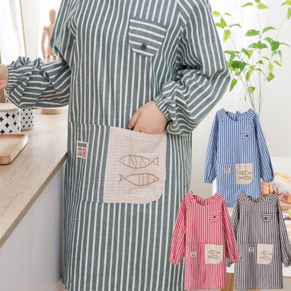 ストライプと魚柄が特徴のデザイン割烹着で、キッチンでの時間を楽しくしてくれます。長袖でしっかりと腕をカバーし、防水仕様なので水仕事も安心です。シンプルながらも可愛らしいデザインは、日常の家事をちょっと特別なものに変えてくれます。大人の女性に...