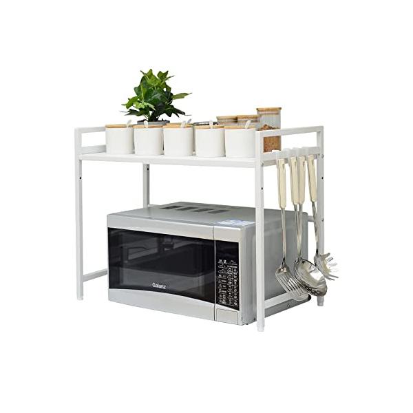 【ご購入後の当店からの連絡はご登録のメールアドレスに通知いたします。必ずご確認ください】電子レンジ上のデッドスペースを有効活用できる伸縮キッチンラック：レンジ上ラックは、約幅36cm〜59 cm(内寸)で無段階調整できる、可動棚板は約5.5...