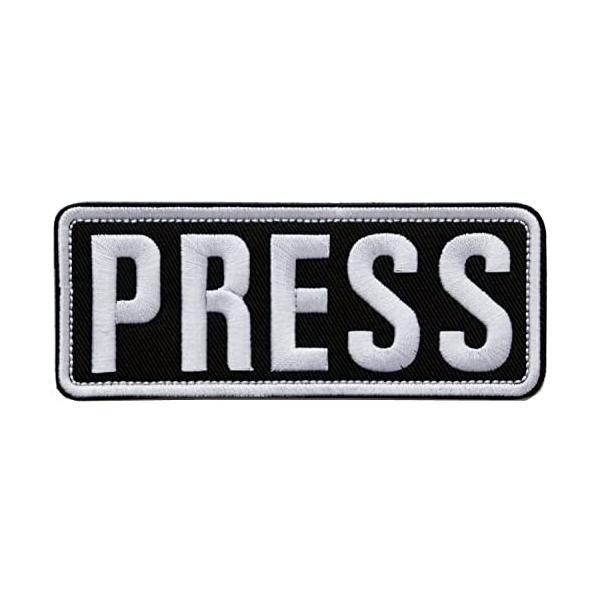 【ご購入後の当店からの連絡はご登録のメールアドレスに通知いたします。必ずご確認ください】「PRESS」の文字をデザインした刺繍ワッペンです。サイズは12.5cm×5cm。PRESSには、主に報道機関という意味があります。報道関係の方はもちろ...