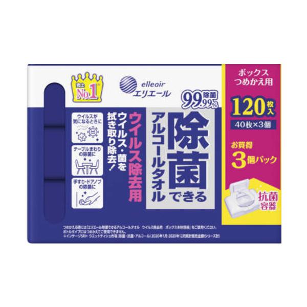 大王製紙 エリエール 除菌できるアルコールタオル ウイルス除去用 ボックス 詰替 40枚 3P  861