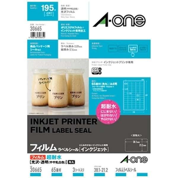 エーワン　30665　ラベルシール[インクジェット]超耐水タイプ光沢フィルム・透明（やや乳白色）　A4判　65面 119