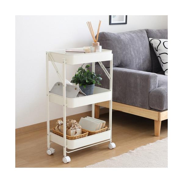 不二貿易 たためるマルチワゴン 3段 スパーク 組み立て簡単 キッチン収納 オフホワイト 50614 446
