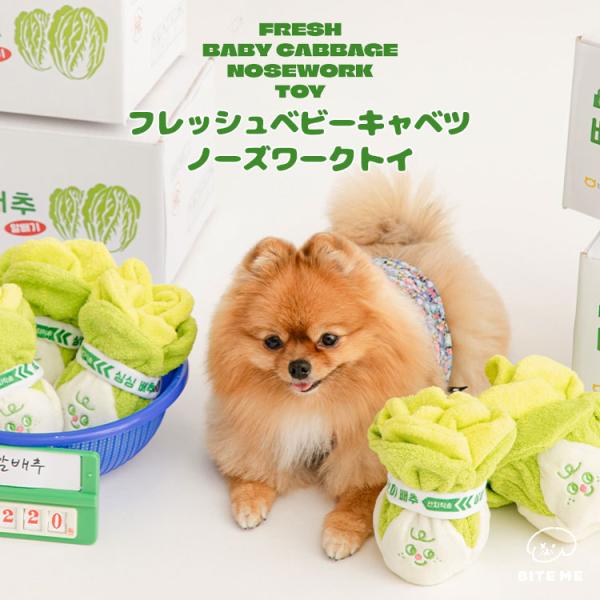 韓国で人気のペットトイブランド「BITE ME（バイトミー）」。採れたてのベビーキャベツをモチーフにした、見た目も可愛いノーズワークトイです。葉っぱの間におやつを隠して遊べるため、ワンちゃんの嗅覚を使った知育遊びにぴったり。カシャカシャ音の...