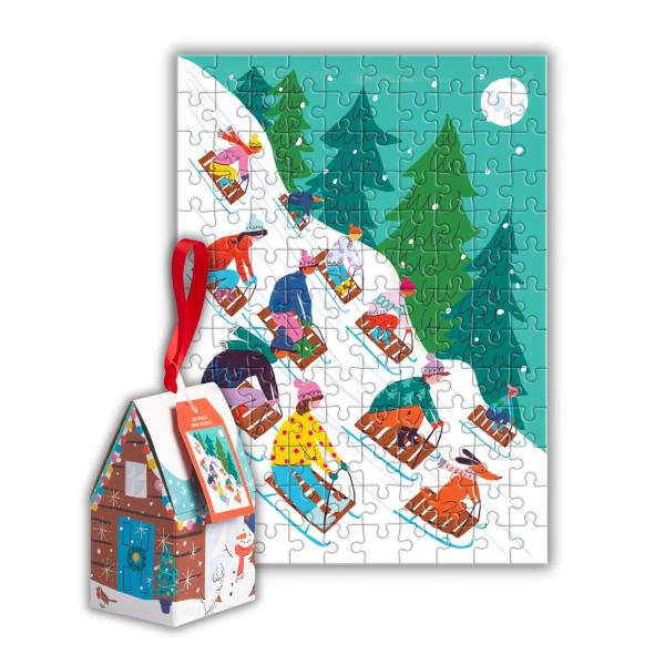 ・PUZZLE ORNAMENT - The Winter Sledding 130 Piece Puzzle Ornament from Galison features a brightly colored mini house-sha...