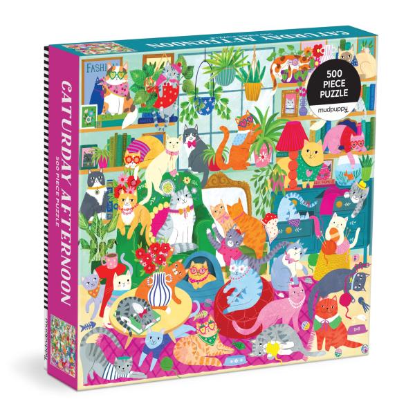 ・? 500 PIECE PUZZLE - The Caturday Afternoon 500 Piece Puzzle by Mudpuppy features a busy living room scene filled with ...