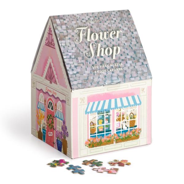 ・? 500 PIECE PUZZLE - Joy Laforme's Flower Shop House Shaped Puzzle by Galison features a cozy, fanciful moment inside a...