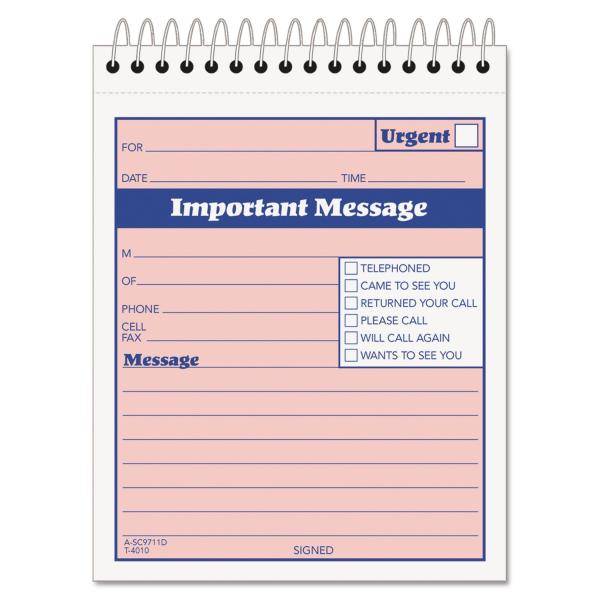 ・2-part carbonless phone message book・Spiral bound on top・Designed for full sized messages・"Notes" section on back・1 mes...