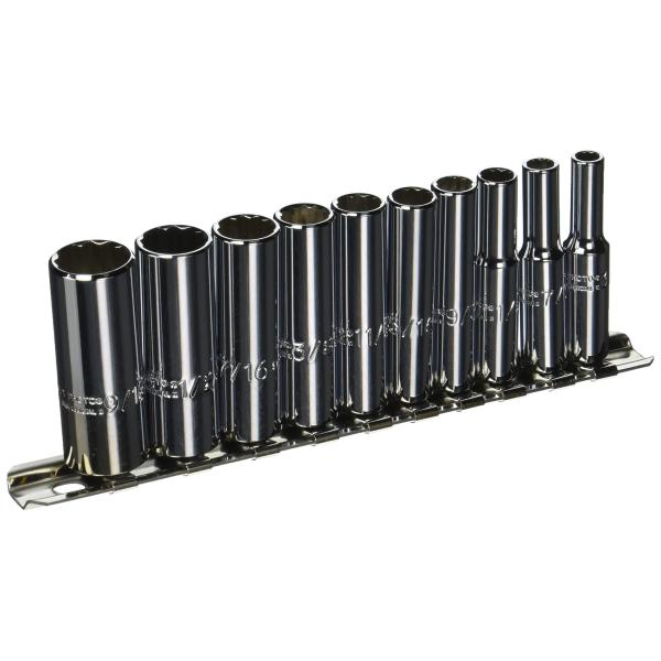 ・Set Includes: 3/16", 7/32", 1/4", 9/32", 5/16", 11/32", 3/8", 7/16", 1/2", and 9/16" deep sockets・Helps minimize fasten...