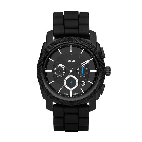 ・This chronograph watch features a knurled case that's sure to get noticed. The black silicone strap mimics a metal brac...