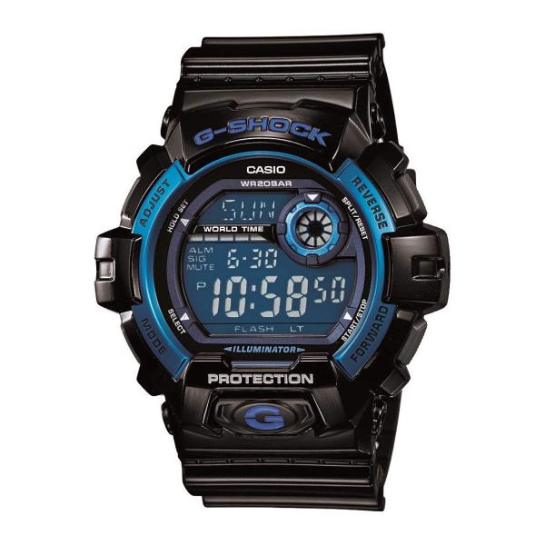 ・Shock-resistant sports watch featuring black-and-blue dial with super illuminator LED light, countdown timer, and 1/100...