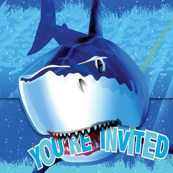 ・Shark themed die cut party invitations・Tri-fold style・8 Count・Perfect supplies for a child's birthday party or any ocea...