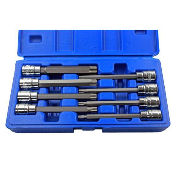差込角3/8インチ対応の110mm ロングTorxビットソケット8点セット。T25・T27・T30・T40・T45・T50・T55・T60の8サイズを収録し、ヨーロッパ車や国産車のエンジンルームや足回りのTorxネジ作業をカバーする。全長1...