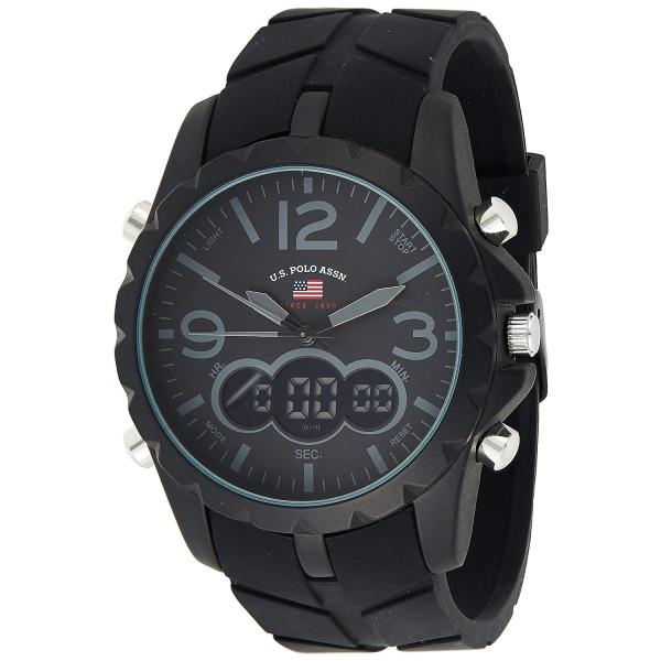 ・Black multi-function watch featuring round dial with Flag logo, double-sided silver-tone pushers, and textured rubber b...