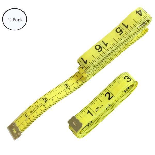 裁縫・手芸・テーラリング向けのクロスメジャー、2本セット。全長1.5m（5フィート）×幅1.3cm（1/2インチ）で、片面にインチ、反対面にセンチを表示した両面スケール設計。両端に金属端金具を装備しており、繰り返し使用による端の傷みや解れを...