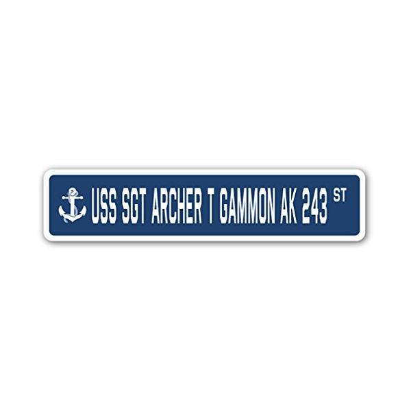USS SGT Archer T. Gammon AK-243 の艦名をプリントしたメタル製ストリートサイン（約10×46cm）。AK（貨物艦）として軍事物資の輸送任務に従事したSGT Archer T. Gammonの名を冠した一枚。耐久...
