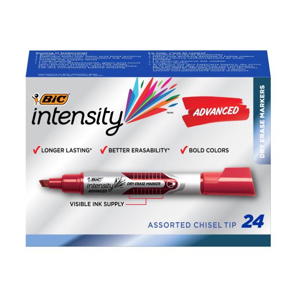 ・One 24-count pack of BIC Intensity Advanced Colorful Dry Erase Markers with a chisel tip that creates neat lines・Featur...