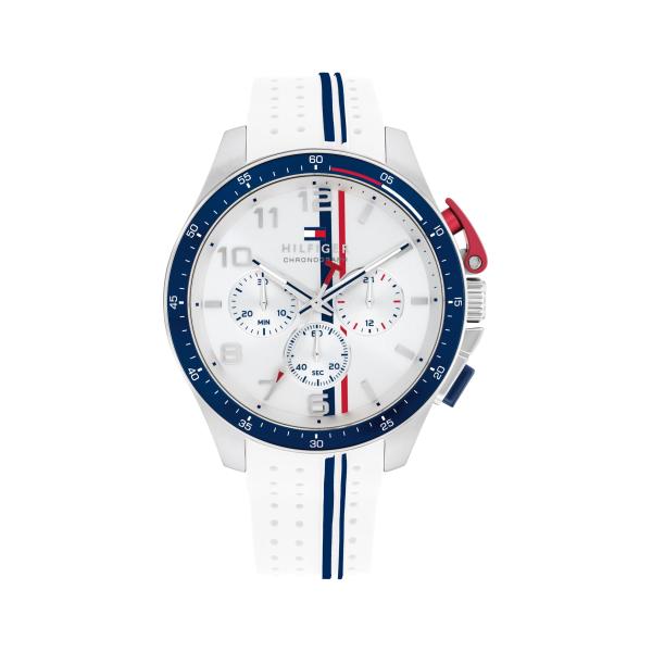 ・Bold and race-inspired, the Tommy Hilfiger men's watch blends sport and style. It features perforated silicone straps, ...