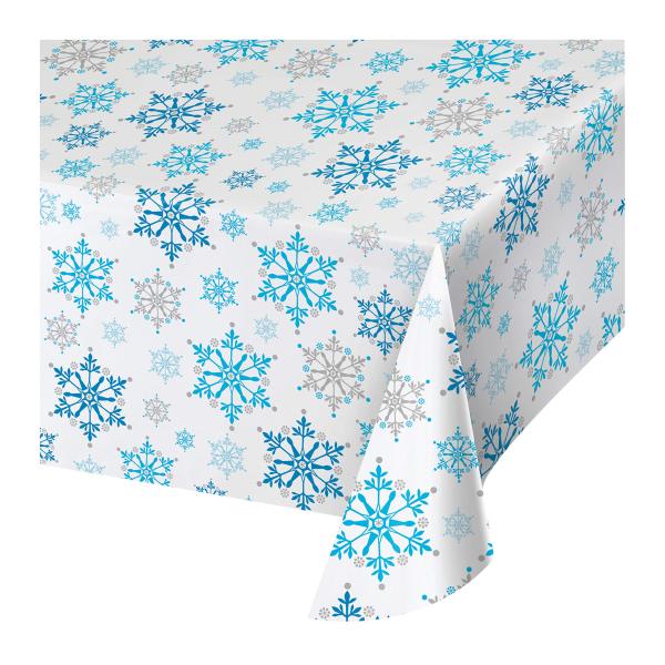 ・全面プリントの装飾が施されたプラスチックテーブルカバー。・54 x 102インチ。・青と白の雪片の冬季の凍ったパターン。・クリスマスディナーのお祝いや冬の休日のパーティーに最適です。・雪の結晶 渦巻き模様の食器とTouch of Colo...