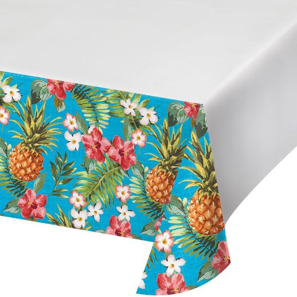 ・Plastic table cover with decorative border print on sides; solid white on top・54 x 102-Inches・Border design with tropic...