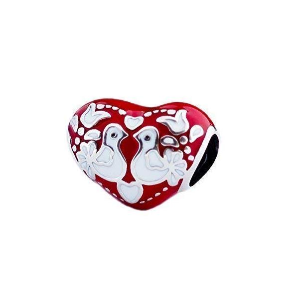 ・Original Aurora Charm Bead in the shape of heart with lovebirds in folk art inspired style・Charm is hand finished and m...