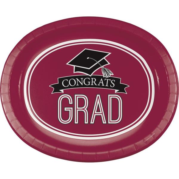 ・8-Count package of premium strength oval paper platters・10 x 12-Inches; Made in the USA・Image of a mortarboard, the ico...