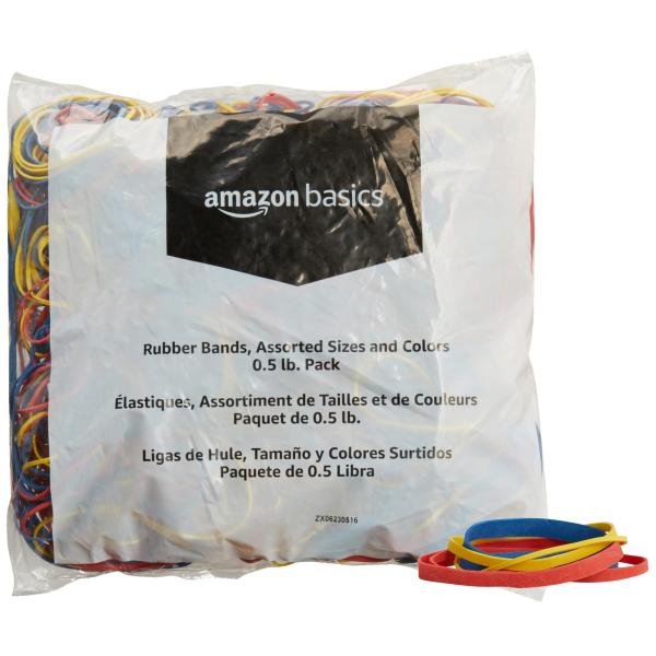 ・1/2-pound bag of assorted rubber bands in Red, Blue, and Yellow・Assorted sizes include #64 (3-1/2 x 1/4 inches), #33 (3...