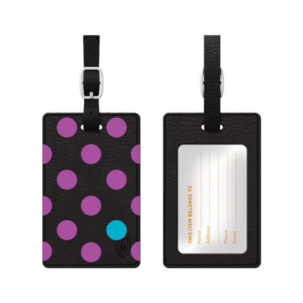 Centon OTM Essentials（セントン）のブラックレザーバッグタグ。Dotty Gone Violetのパープルドット柄がおしゃれなタグで、バッグやリュックのアクセントになります。本革素材を使用した上質な仕上がりで、旅行・通勤...