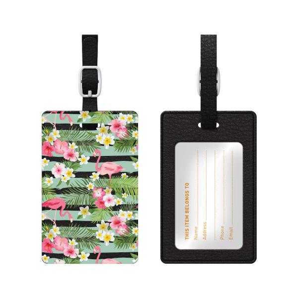 Centon OTM Essentials（セントン）のブラックレザーバッグタグ。フラミンゴと花をあしらったフェミニンなデザインがバッグをかわいくアクセントアップします。本革素材を使用した上質な仕上がりで、旅行・通勤・通学のバッグアクセサリ...