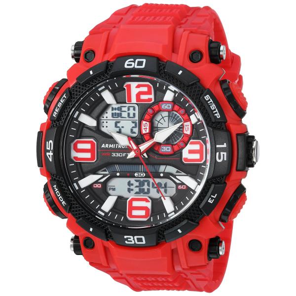 ・Black resin case with textured top ring; analog digital display with time, seconds, day and date; red resin strap with ...