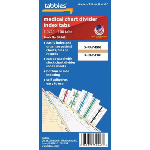 ・1-1/4"W x 1/2"H, Tan, 100 tabs per pack・Tab label Reads X-Ray - Ekg・Self-adhesive tabs make indexing of patient files e...