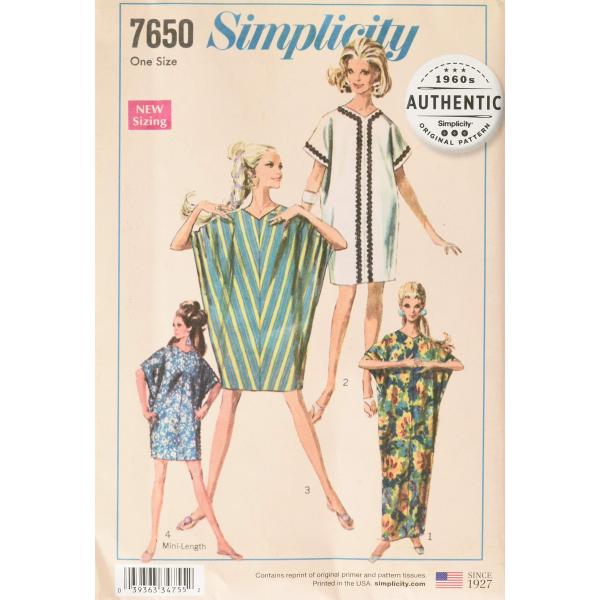 ・OS (ONE SIZE)・1960's Authentic Simplicity Original Pattern.・The kite dress without side seams has back zipper, "V" neck...