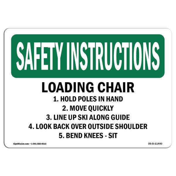 「Loading Chair Instructions（チェア積み込み手順）」のOSHA Safety Instructions規格準拠ビニールステッカーです。積み込み作業の正しい手順（ポールを持つ等）を示す操作手順サインです。業務用グレー...
