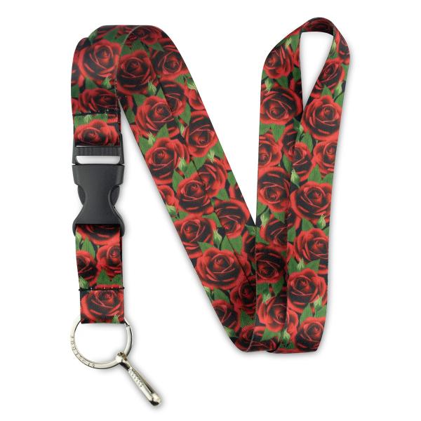 ・This lovely lanyard is adorned with a stunning red roses repeat pattern on a tasteful black background. Grace up your a...