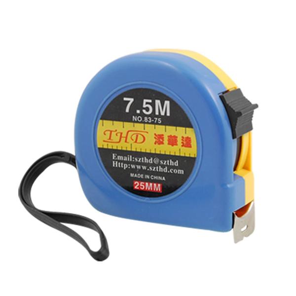 ・測定長さ：7.5m（25フィート）、テープ幅：25mm・素材：プラスチックシェル＋スチールテープ・カラー：イエロー＋ブルー、手動ロック機能付き・ケースサイズ（約）：7.5×7.5×3.2cm、重量：300g・幅広テープで立ちが良く長距離計...