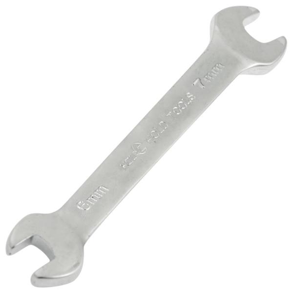 ・クロムバナジウム鋼製ダブルオープンエンドレンチ・開口径：6mm・7mm対応・外形寸法：108×20×5mm、重量：32g・ガスレギュレーターなど精密機器の小径ナット作業に適した薄口設計・U字型ダブルオープンエンド構造