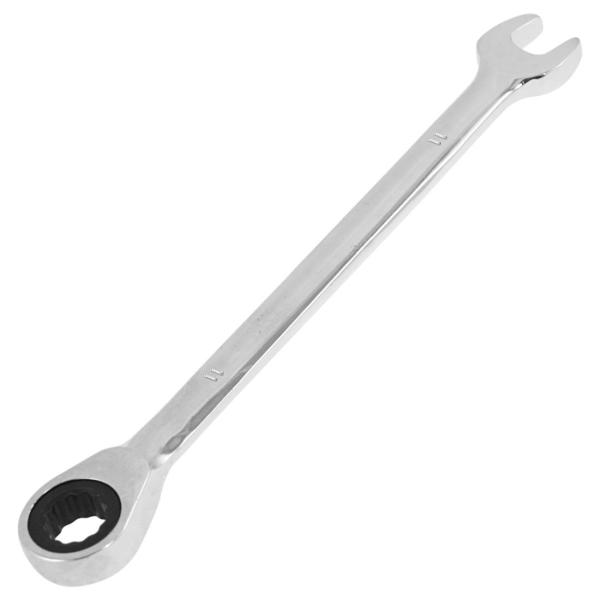 ・金属製ラチェットコンビネーションスパナ・サイズ：11mm（7/16インチ）対応・12ポイントボックスエンド×1、U字オープンエンド×1・全長：165×20×8mm、重量：72g・シルバートーン仕上げ