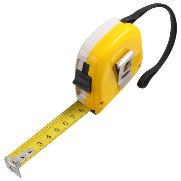 ・測定長さ：5m、テープ幅：19mm・センチ（精度0.1cm）目盛り対応・カラー：イエロー＋ホワイト、素材：プラスチック＋メタル・ハウジングサイズ（約）：7.1×7.1×3.6cm、重量：148g・ストラップ（14cm）付きで落下防止
