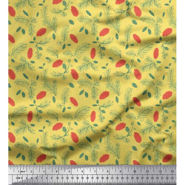 Soimoiのビスコースシフォン生地、イエロー地に松ぼっくり＆パームリーフ柄。幅107cm、1ヤード単位の切り売り。GSM55の軽量素材でビスコース特有の滑らかさが際立ち、スカーフ・ショール・ブラウス・サリーなどに最適。柔らかなドレープが美...